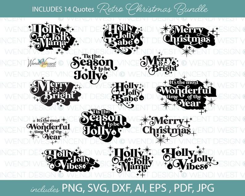 Retro Christmas Quotes SVG Bundle Vintage 70s Funky Holiday Word Art ...