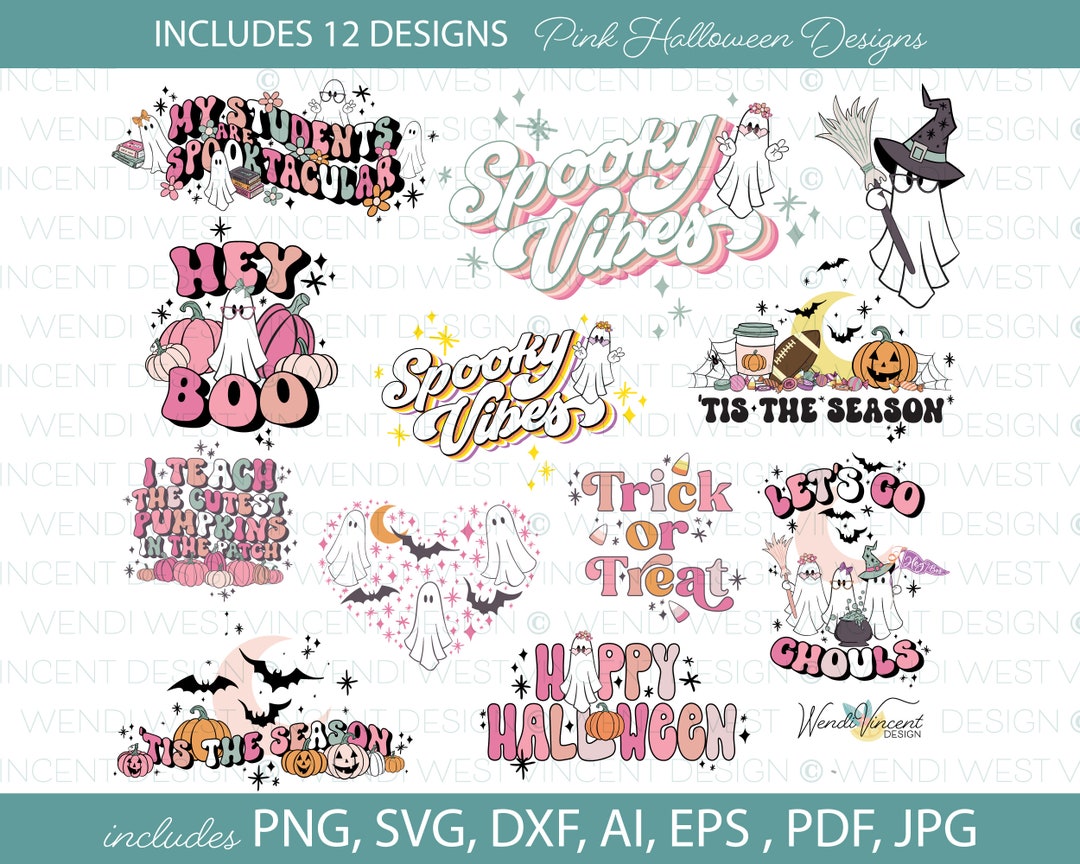 Retro Halloween PNG Bundle, 12 Halloween Sublimation Designs, Groovy ...