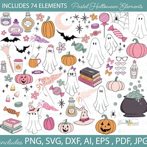 Pastel Halloween Clipart Bundle, Halloween Pngs and Svgs, Cute Ghosts ...
