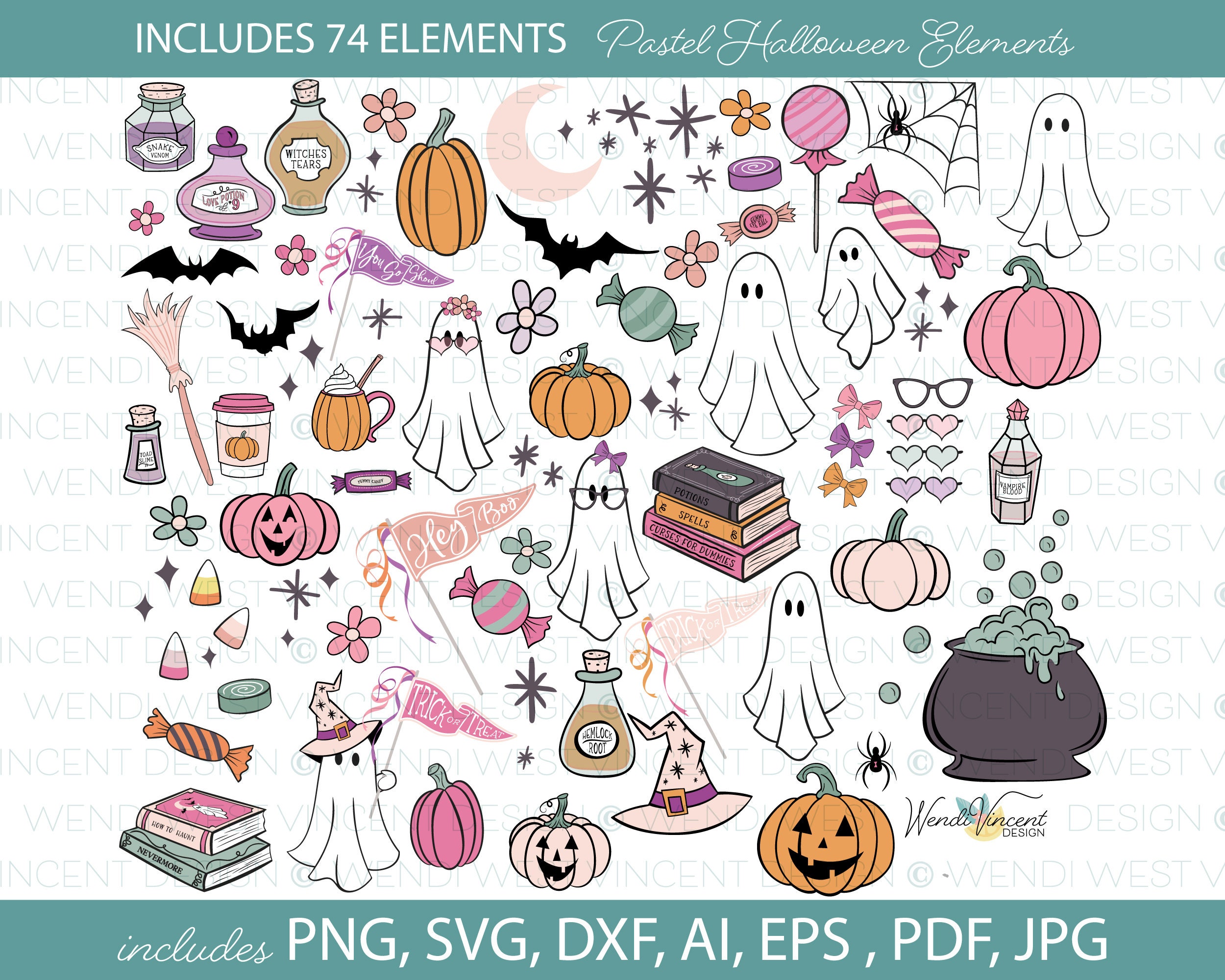 Pastel Halloween Clipart Bundle, Halloween Pngs and Svgs, Cute Ghosts ...