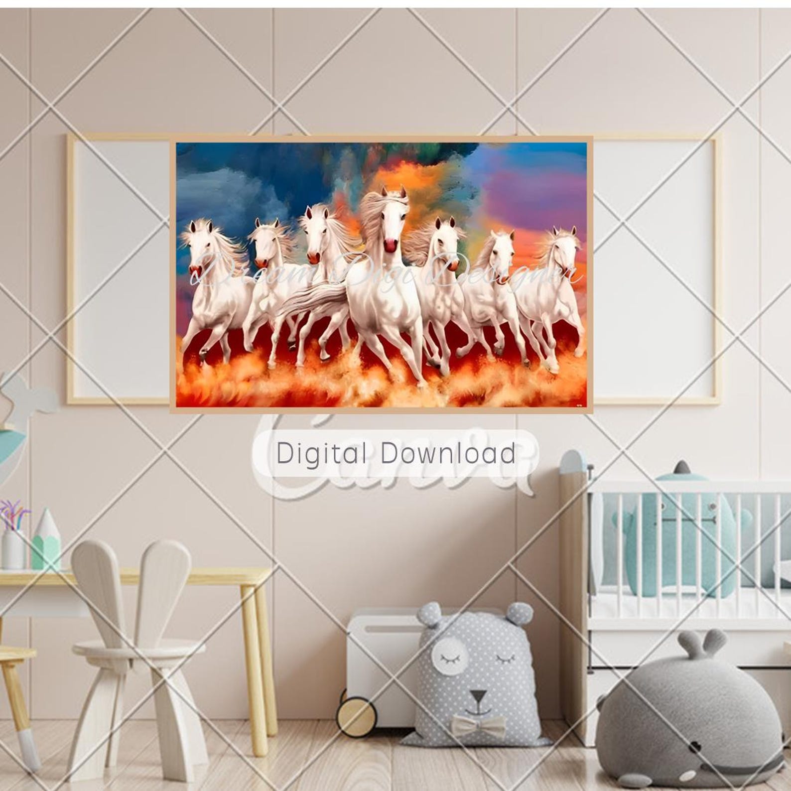 Lucky 7 Running Horses Painting, White Horse Animals Canvas Print ...