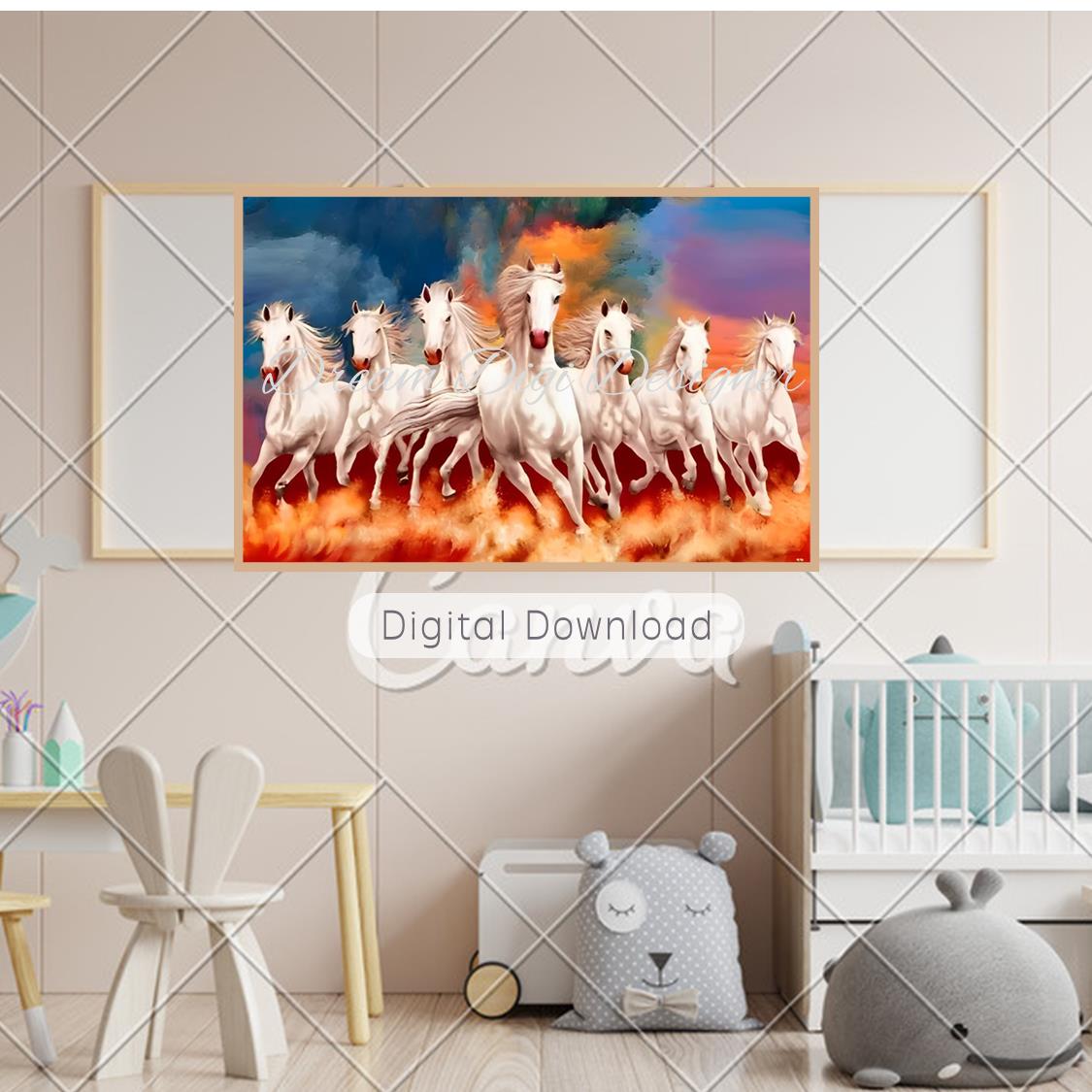 Lucky 7 Running Horses Painting, White Horse Animals Canvas Print ...