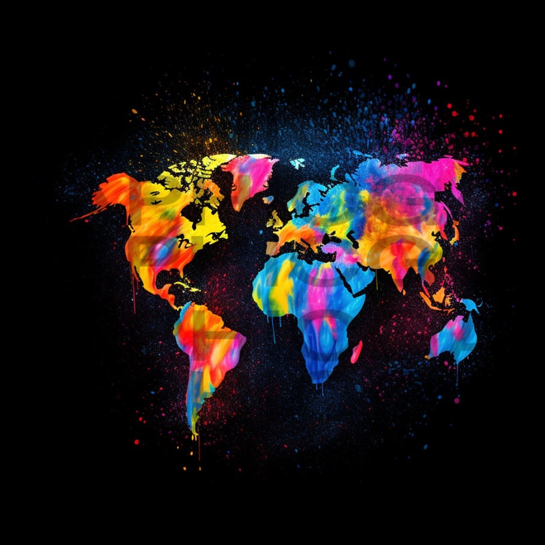 Neon Splatter Paint World Map Digital Download PNG Sublimation - Etsy