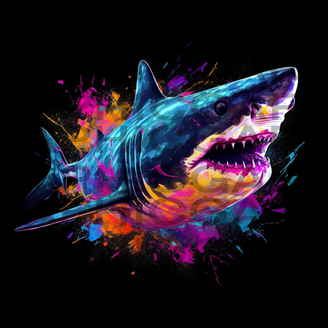 Neon Splatter Paint Shark With Black Background Digital Download PNG ...