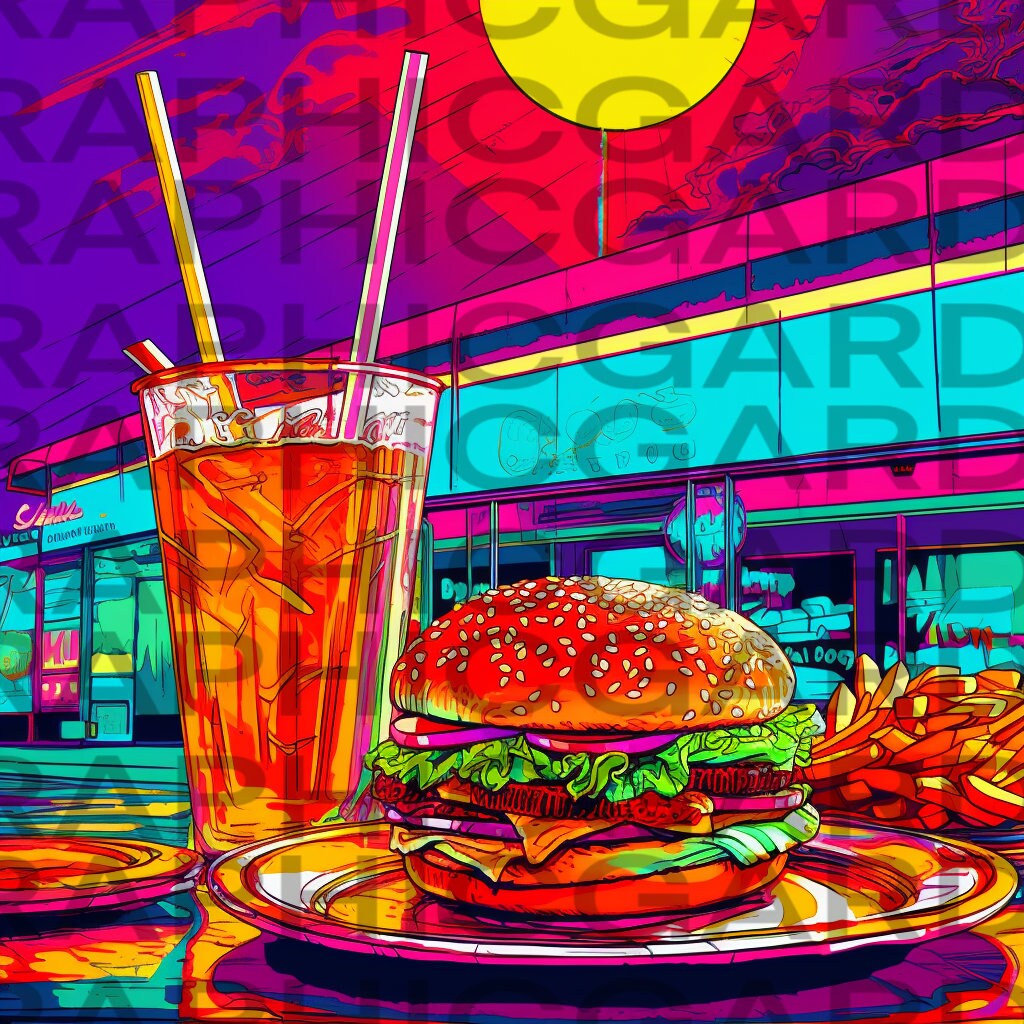 80s Retro Line Art Diner With Food Digital Download PNG Sublimation - Etsy