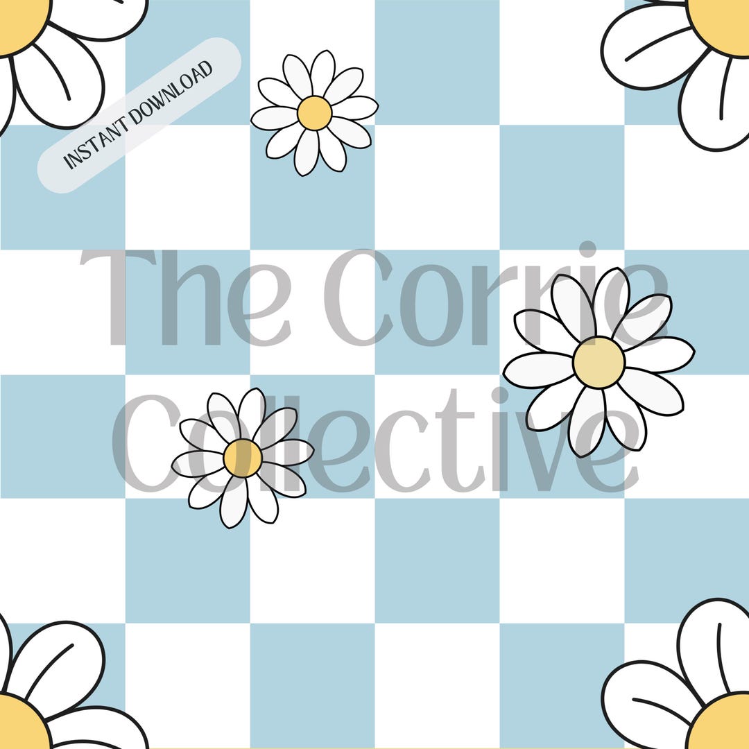 Blue and White Checkered Daisy, Seamless File for Fabric, Digital ...
