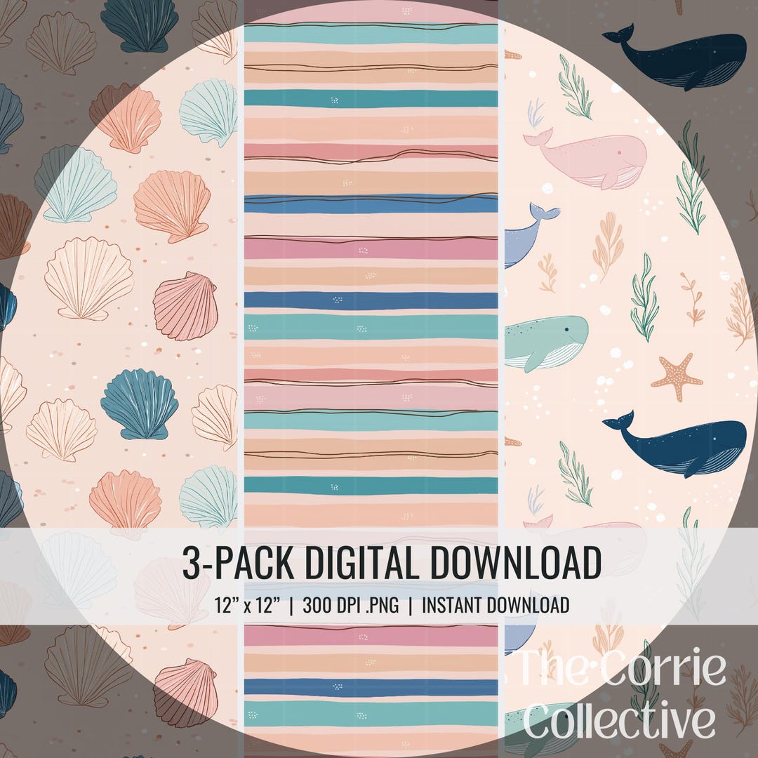 Whale & Seashell Pattern Bundle | Neutral Beach Designs for Fabric and ...