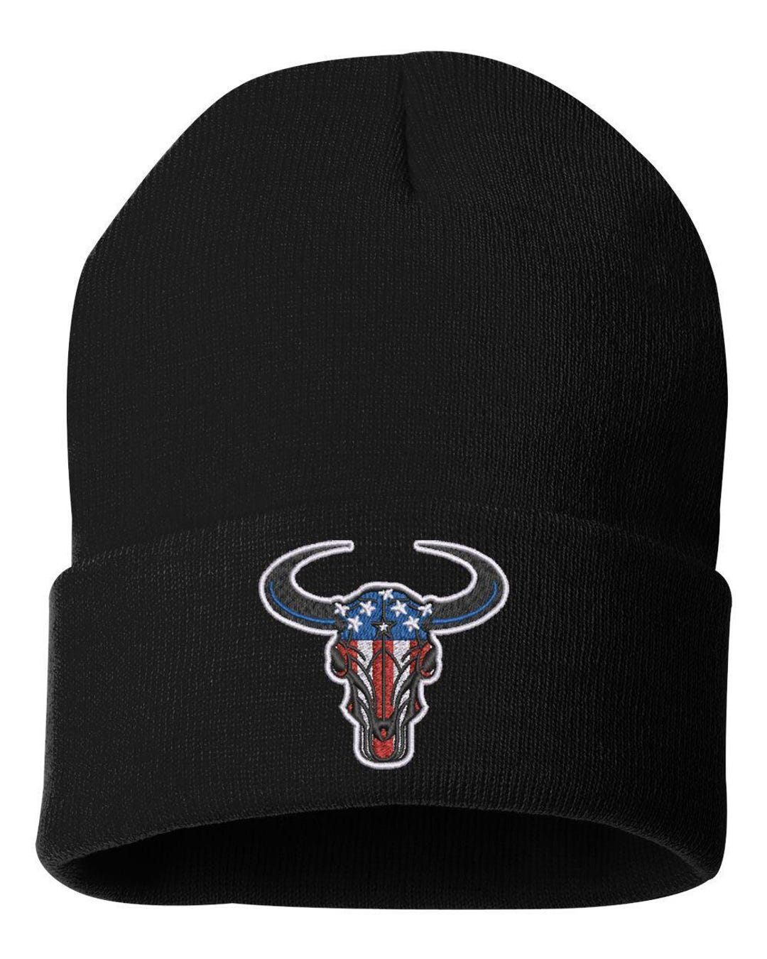 American Flag Bull's Head Beanie, Bull Horn Beanie, American Flag Hat ...