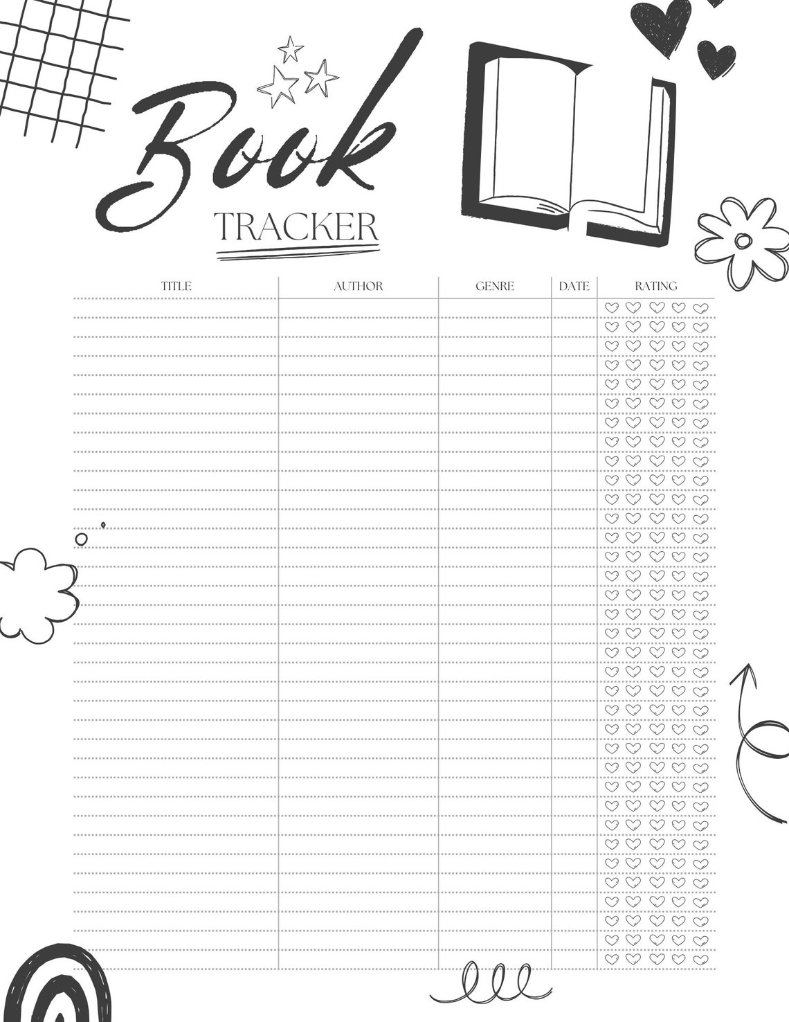 Black and White Cute Illustrative Book Reading Tracker Planner - Etsy
