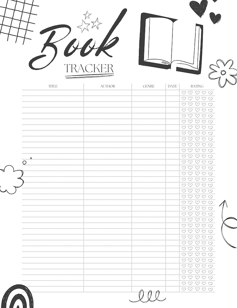 Black and White Cute Illustrative Book Reading Tracker Planner - Etsy