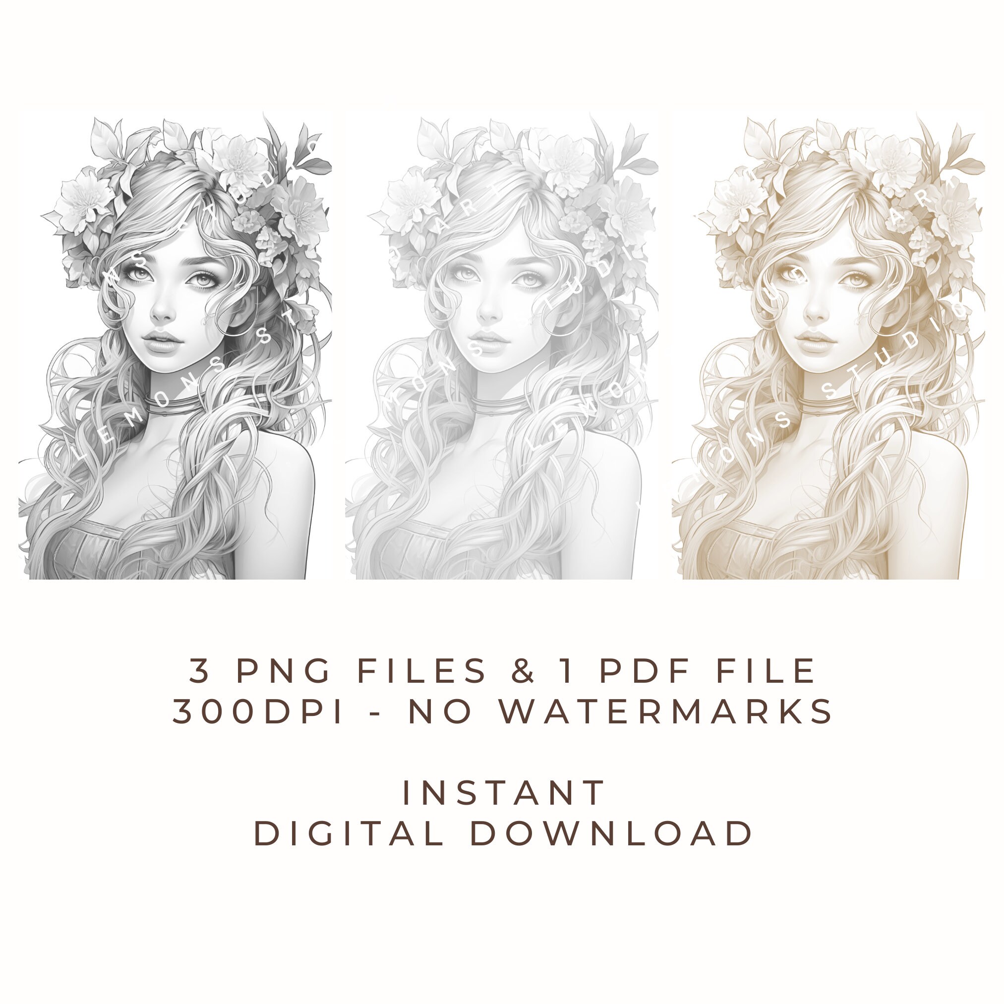 Fantasy Three - Premium Adult Coloring Pages - 3 Digital Printable ...