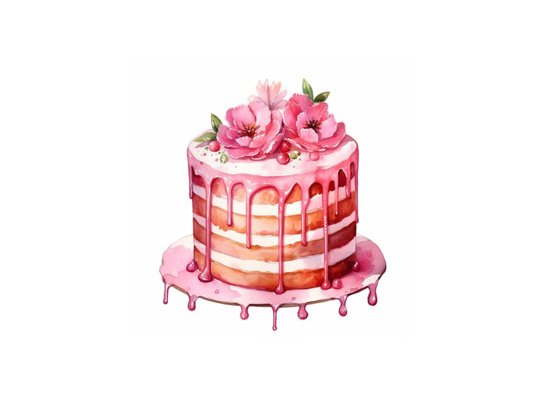Cake Watercolor Print, Dessert Watercolor Print, Pink Frosted Cake Wall ...