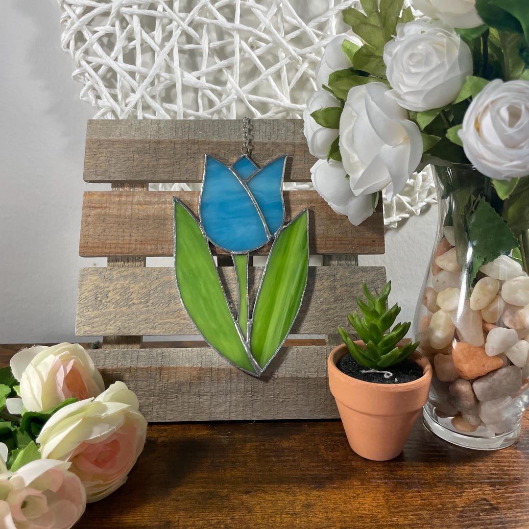 Tulip Suncatcher – Stained Glass Light Blue Floral Window Decor Sun ...