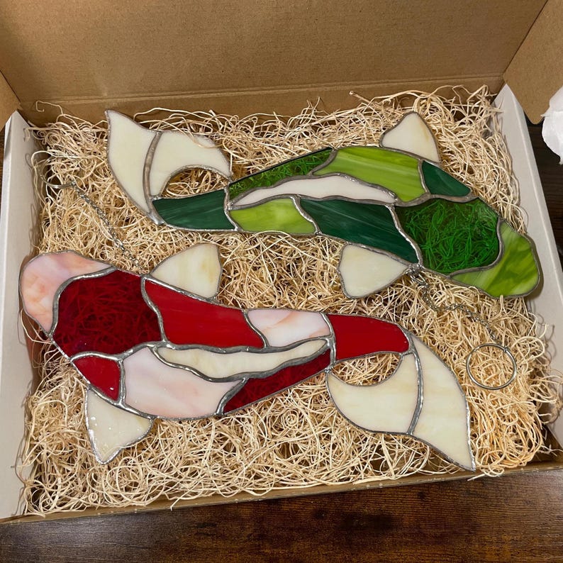 Handmade Stained Glass Koi Fish Suncatcher Bundle - Red & Green Window ...