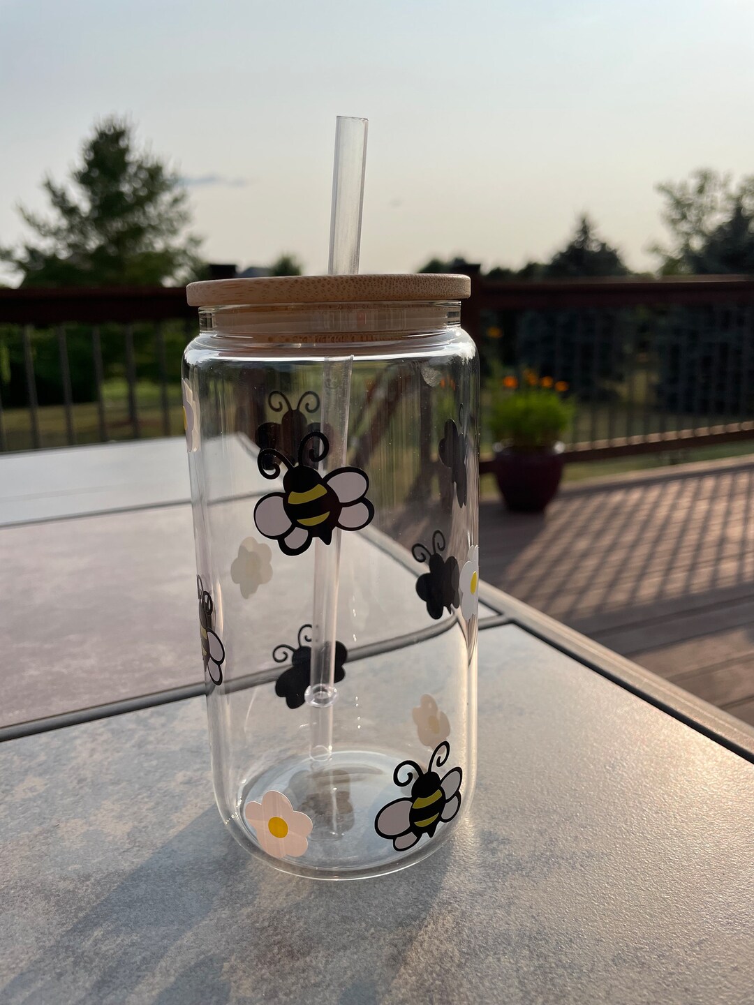 Bee Glass Cup Tumbler Daisy Bee Tumbler Bee Glass Mug Bee Flower Glass ...