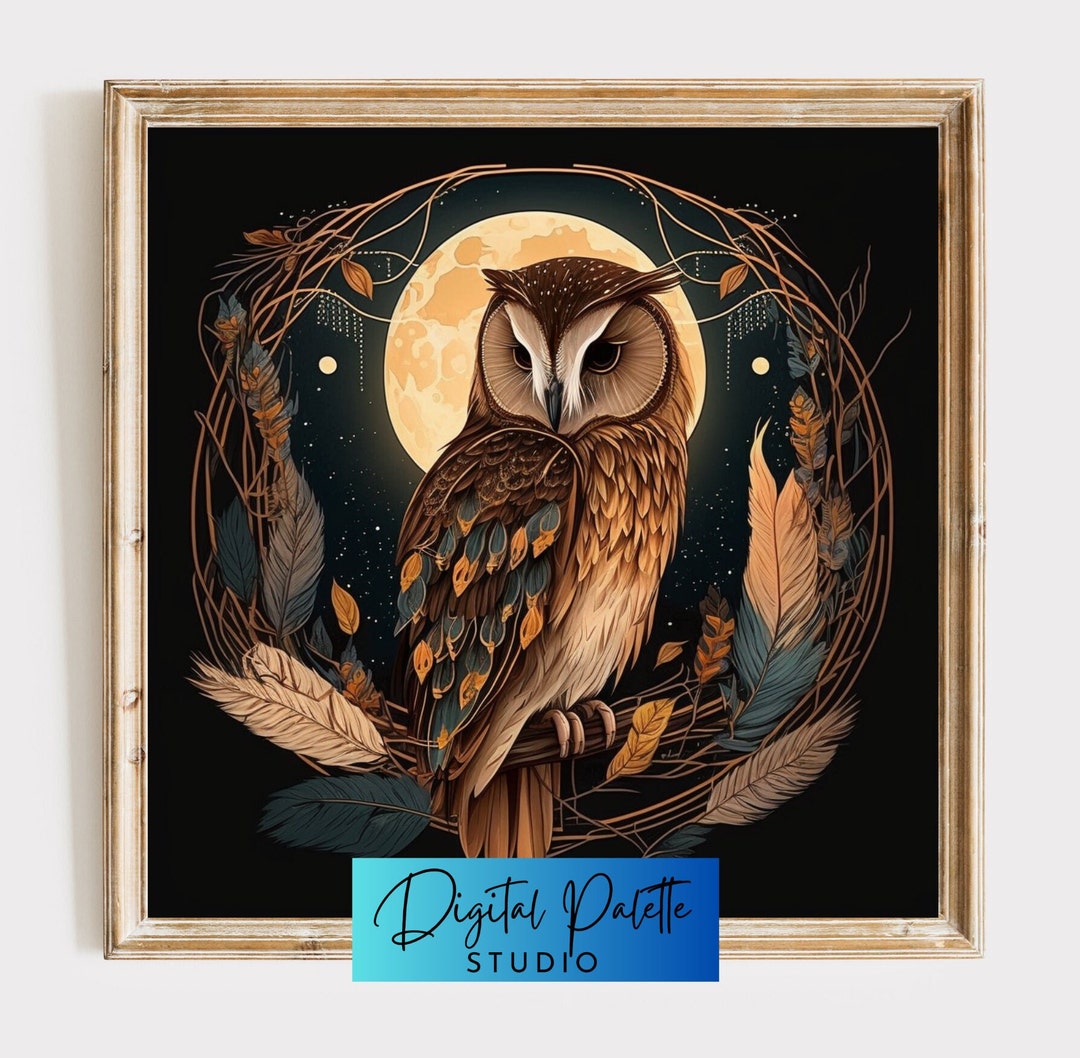Colorful Owl and Moon - Digital Print - Dark Academia - Vintage Home ...