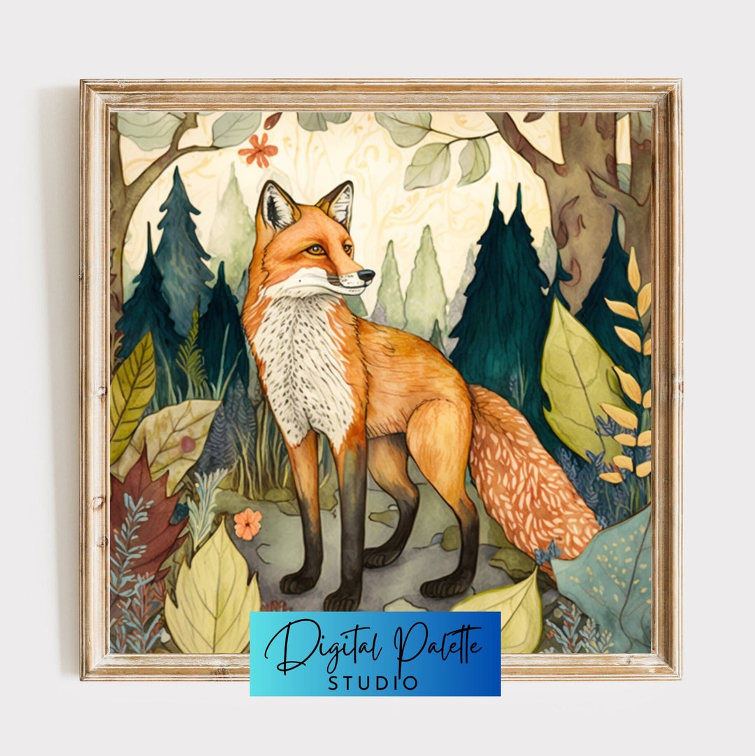 Whimsical Fox in Folk Art Style Digital Wall Art Download Tree Motif 1: ...