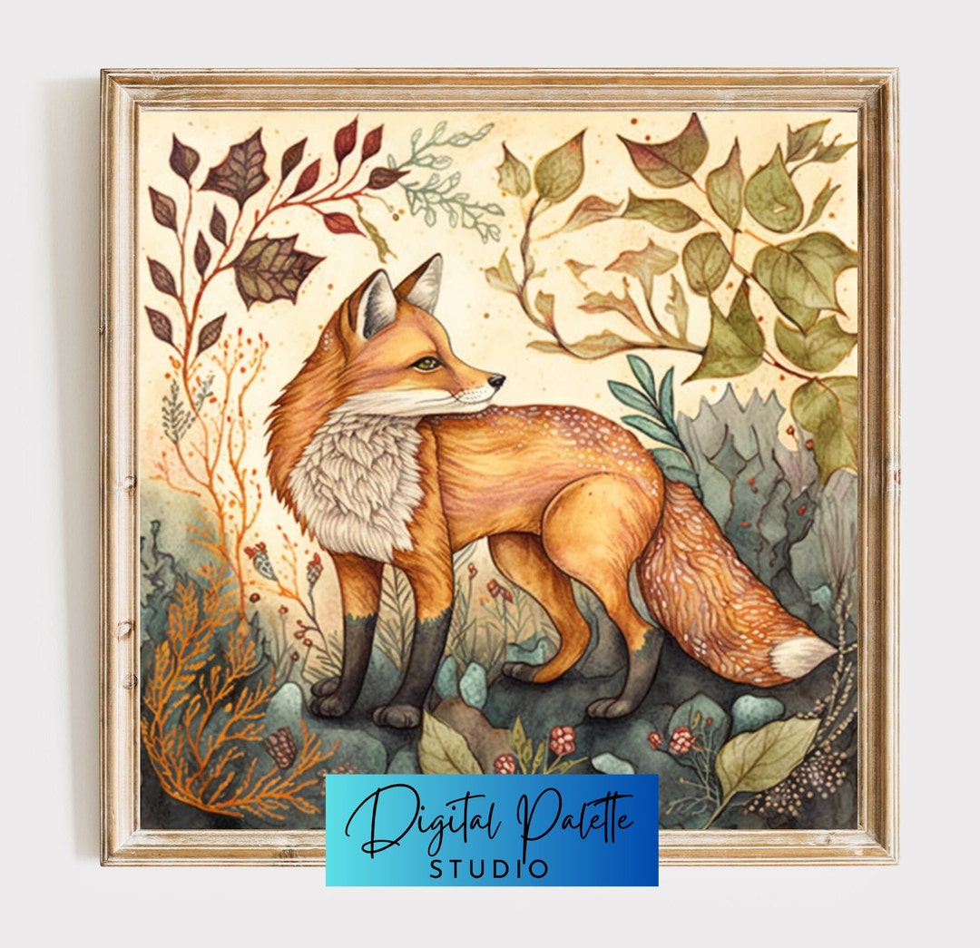 Whimsical Fox in Folk Art Style - Digital Wall Art Download - Tree Motif - 1:1 Aspect Ratio ...