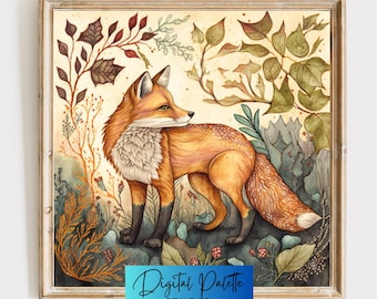 Whimsical Fox in Folk Art Style - Digital Wall Art Download - Tree ...