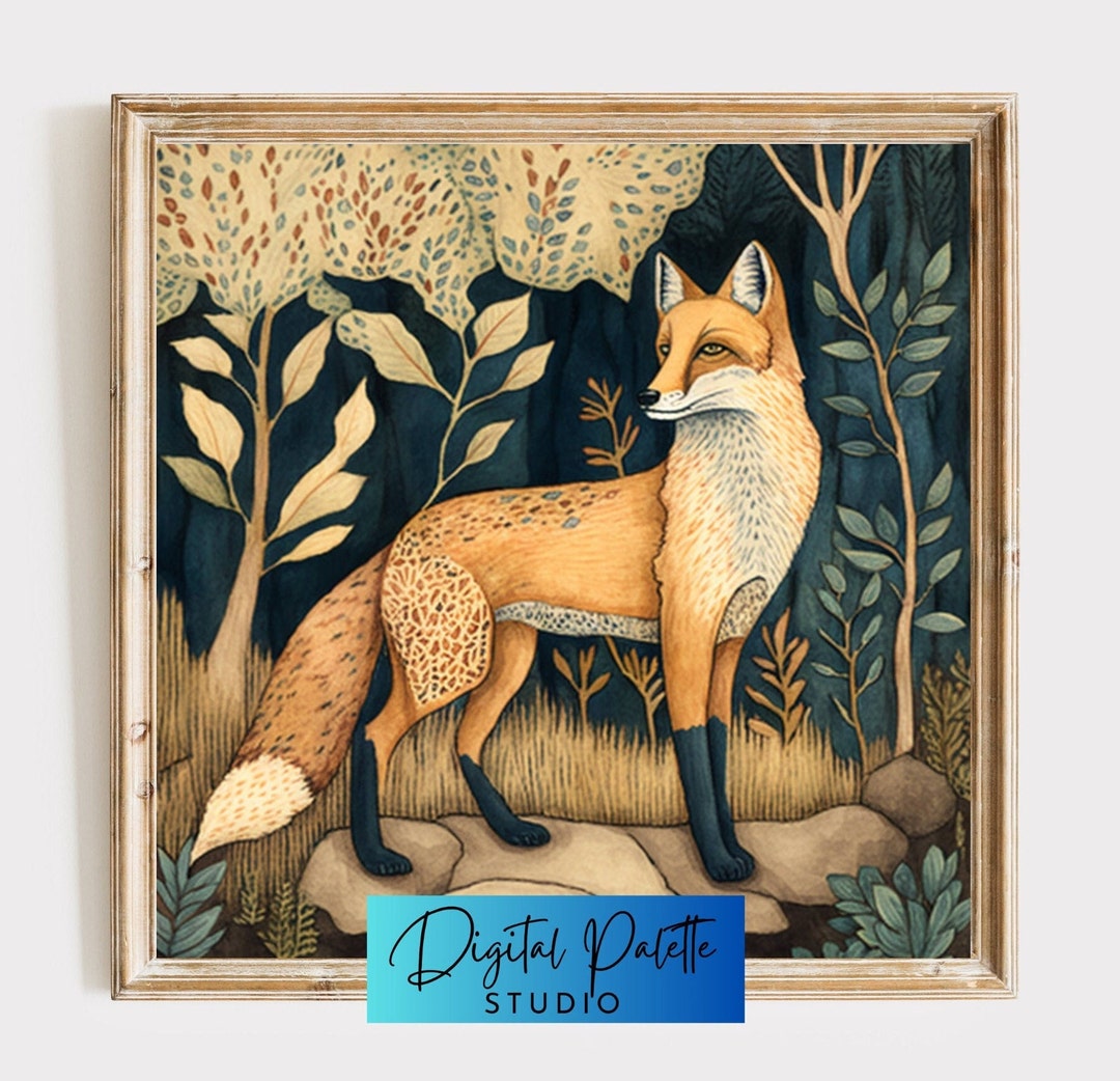 Whimsical Fox in Folk Art Style Digital Wall Art Download Tree Motif 1: ...