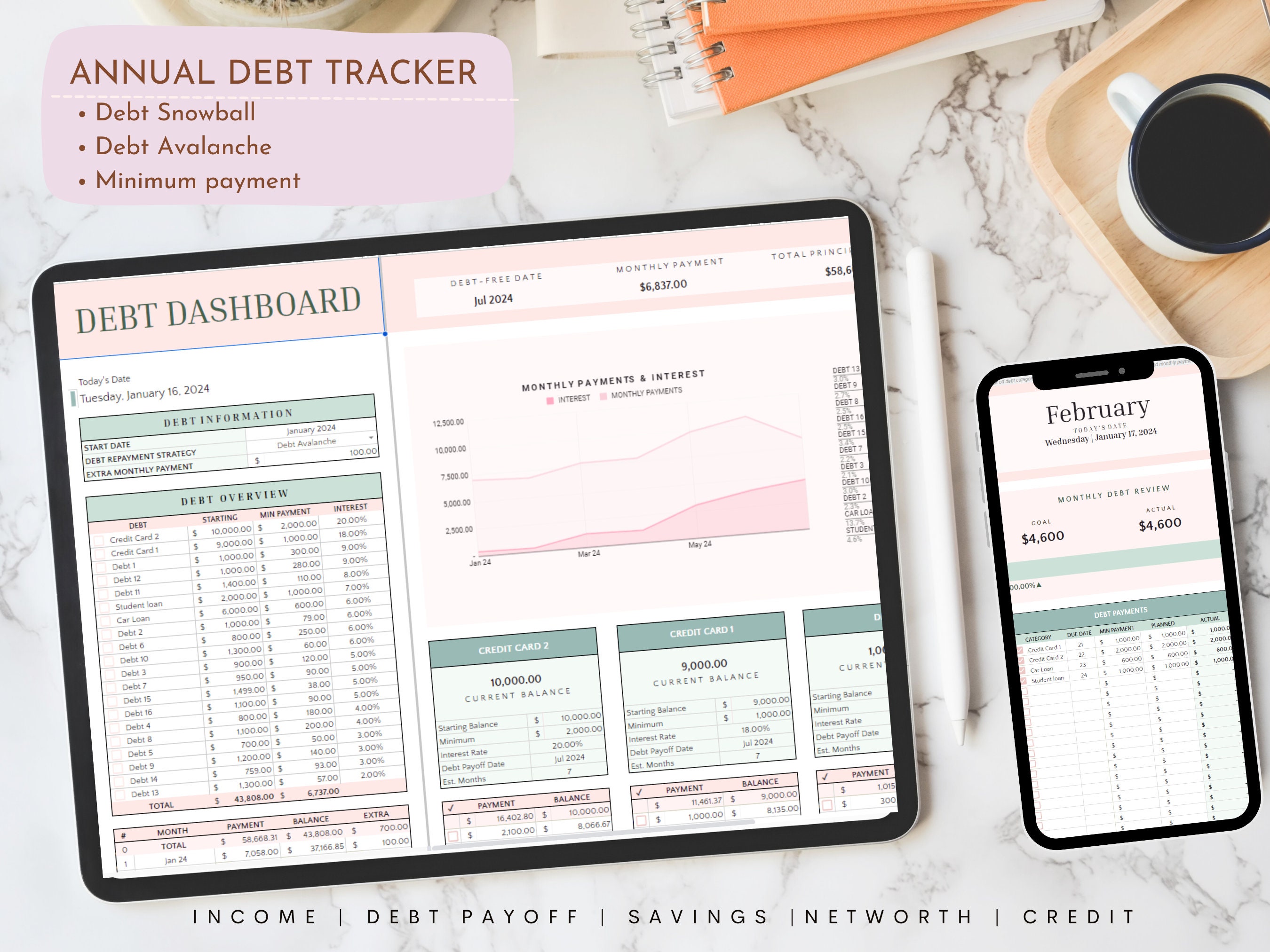 Debt Payoff Tracker Avalanche Snowball Annual Finance Planner ...