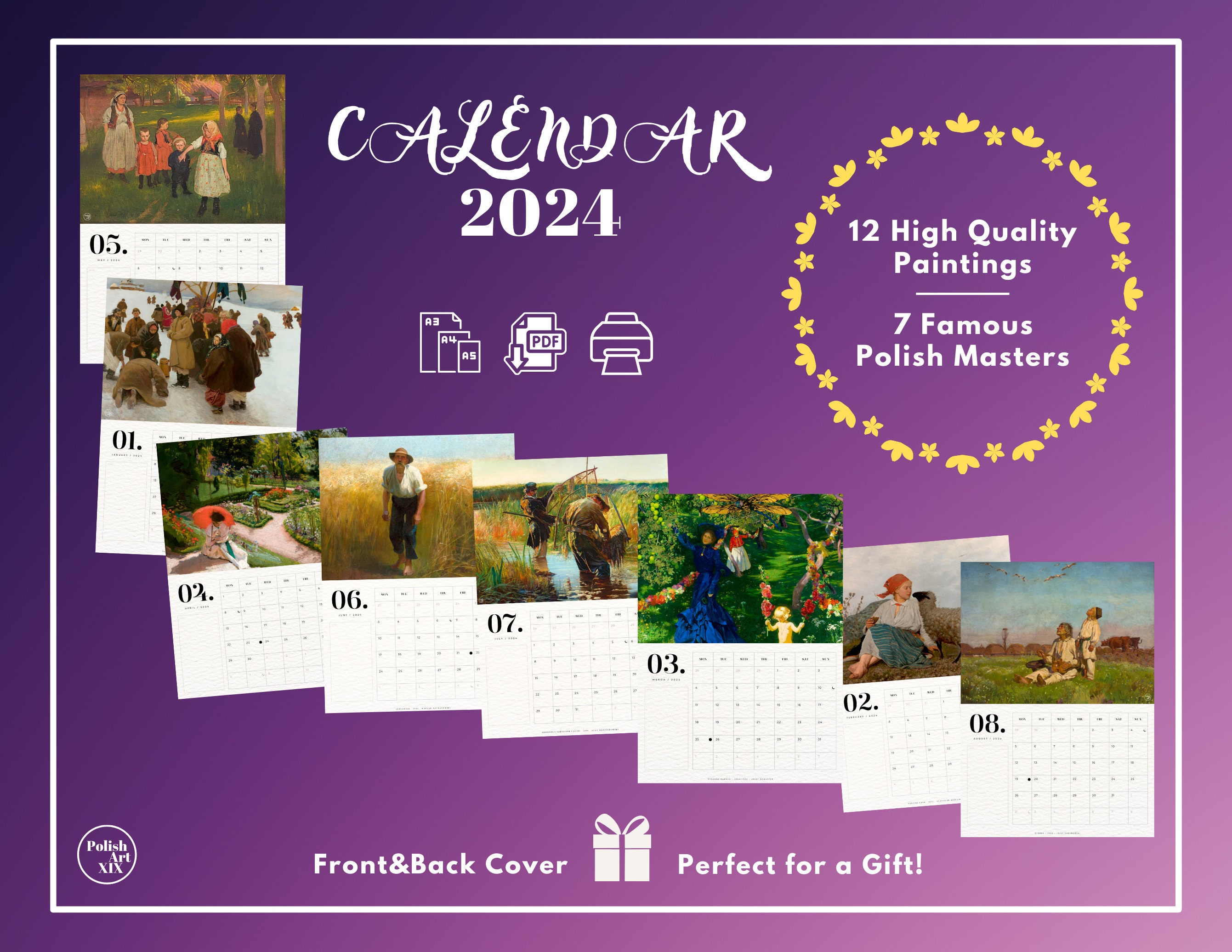 Printable Wall Calendar 2024 With Beautiful Oil Paintings of 19th ...