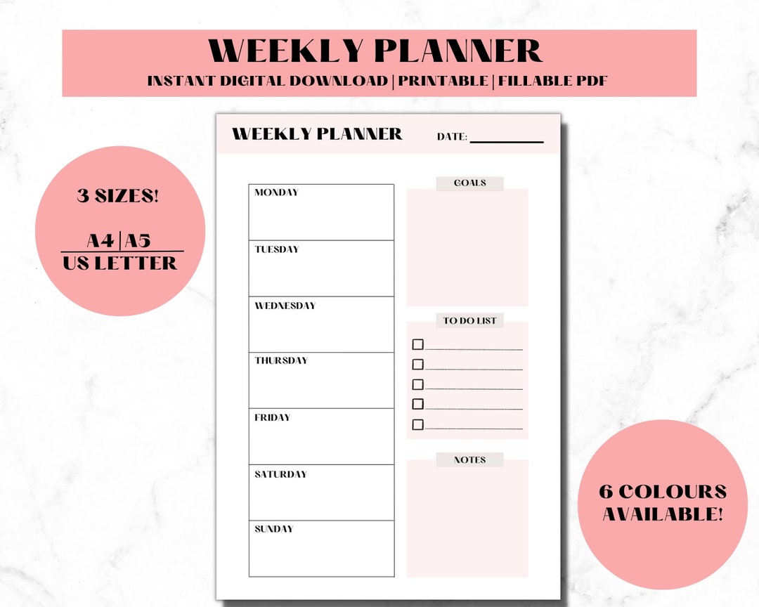 Weekly Planner, Digital Planner, Printable Planner, Fillable PDF ...