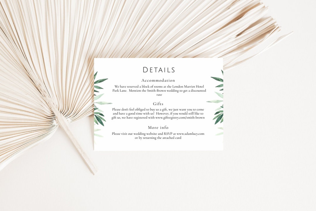Wedding Details Card Greenery Details Invitation Insert Modern ...
