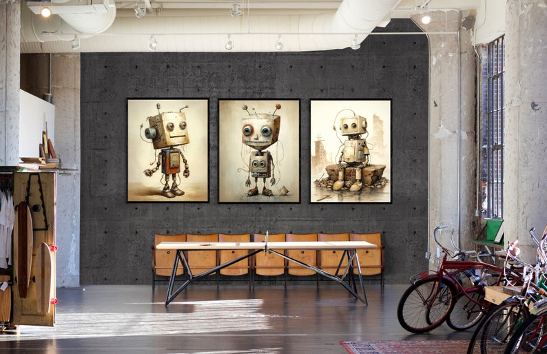 Robot Wall Art Set, Retro Robot Painting, Kids Wall Art Set, Printable ...