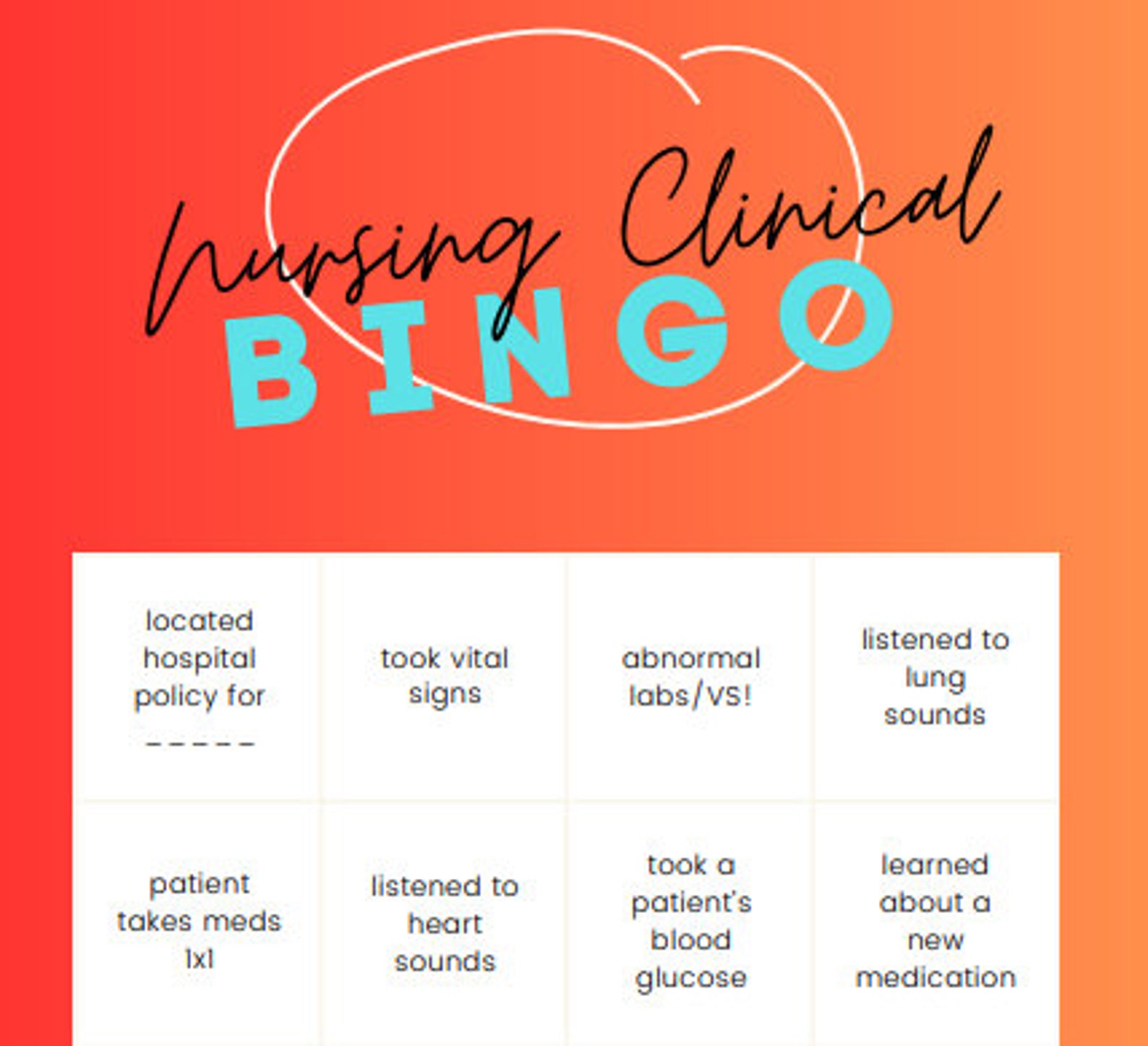 Nursing Clinical BINGO (set A 10 Cards) - Etsy
