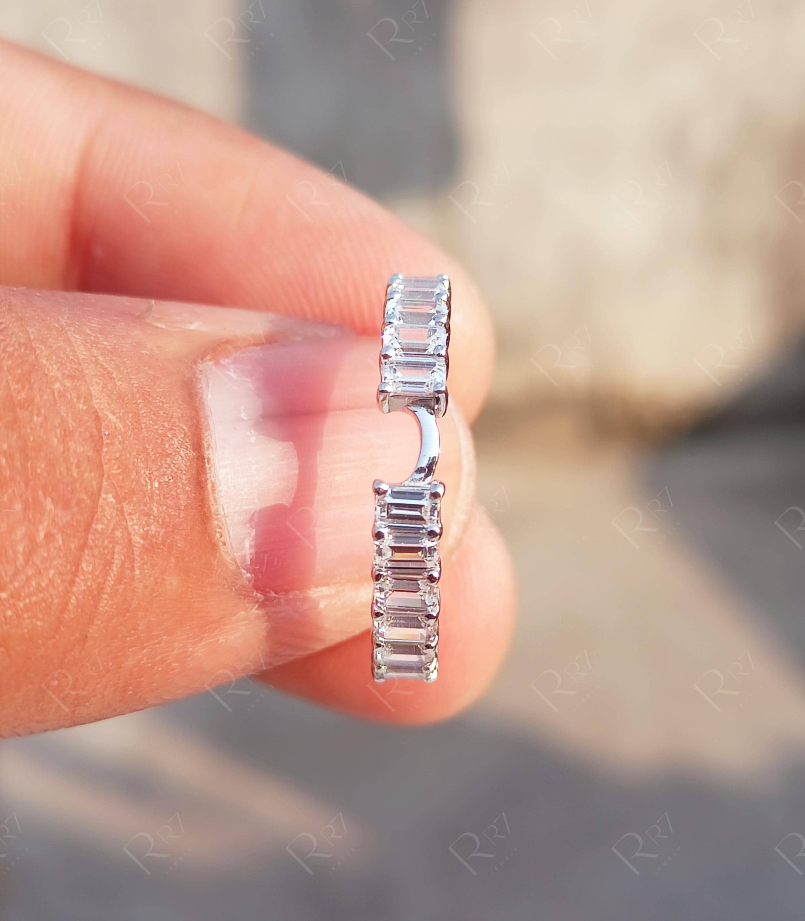 Emerald Cut Moissanite Notched Wedding Band Half Eternity Curve Notch ...