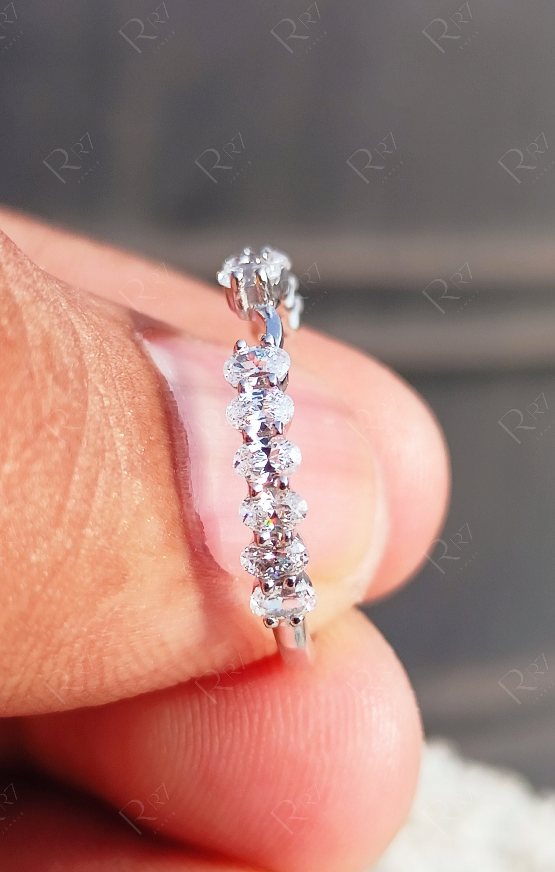 Oval Cut Moissanite Notched Wedding Bands Women Half Eternity Notch ...