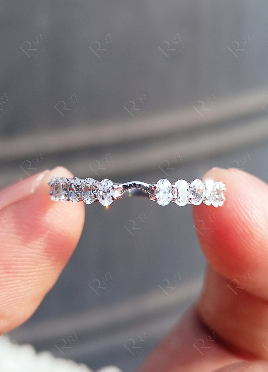 Oval Cut Moissanite Notched Wedding Bands Women Half Eternity Notch ...