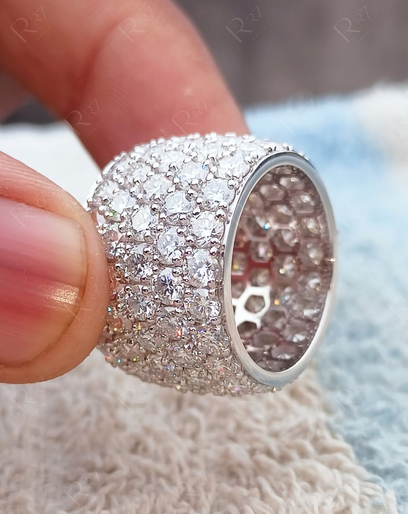 5 Row Round Moissanite 15.50mm Wide Band Rings for Women, 925 Silver ...