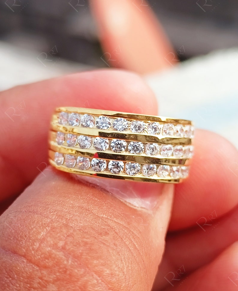 10K Yellow Gold Moissanite Wide Band Rings for Women, Three Row ...