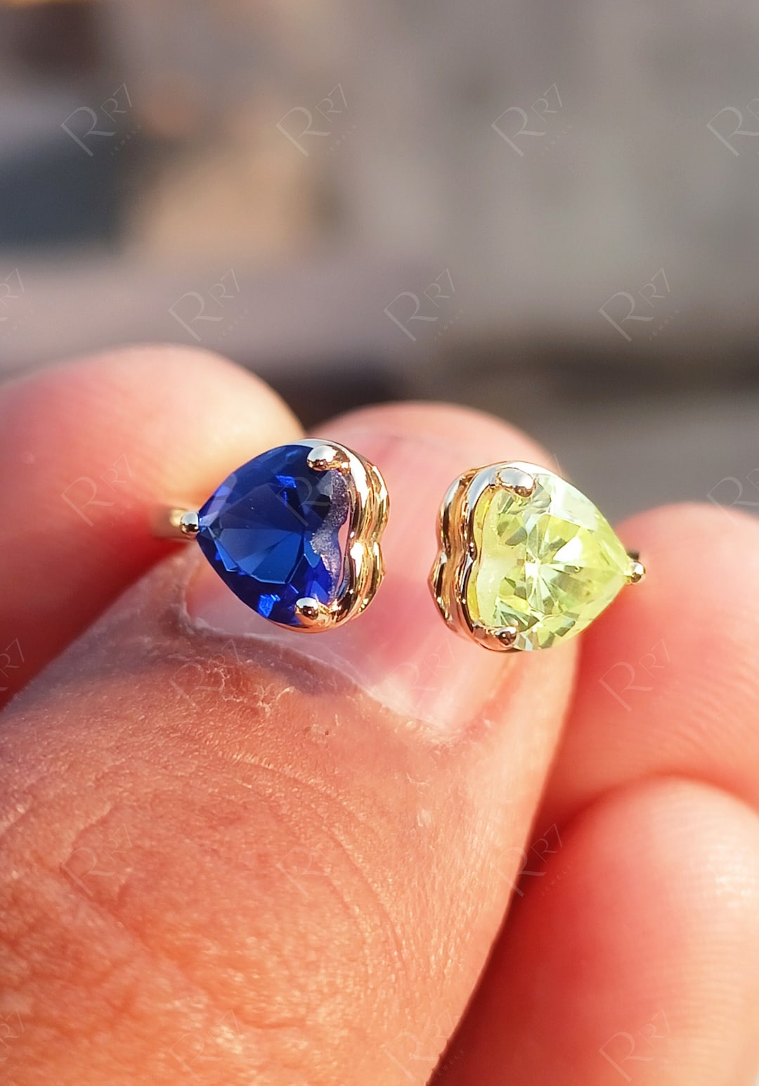 Peridot and Sapphire Heart Toi Et Moi Ring, Dual Birthstone Ring, Open ...