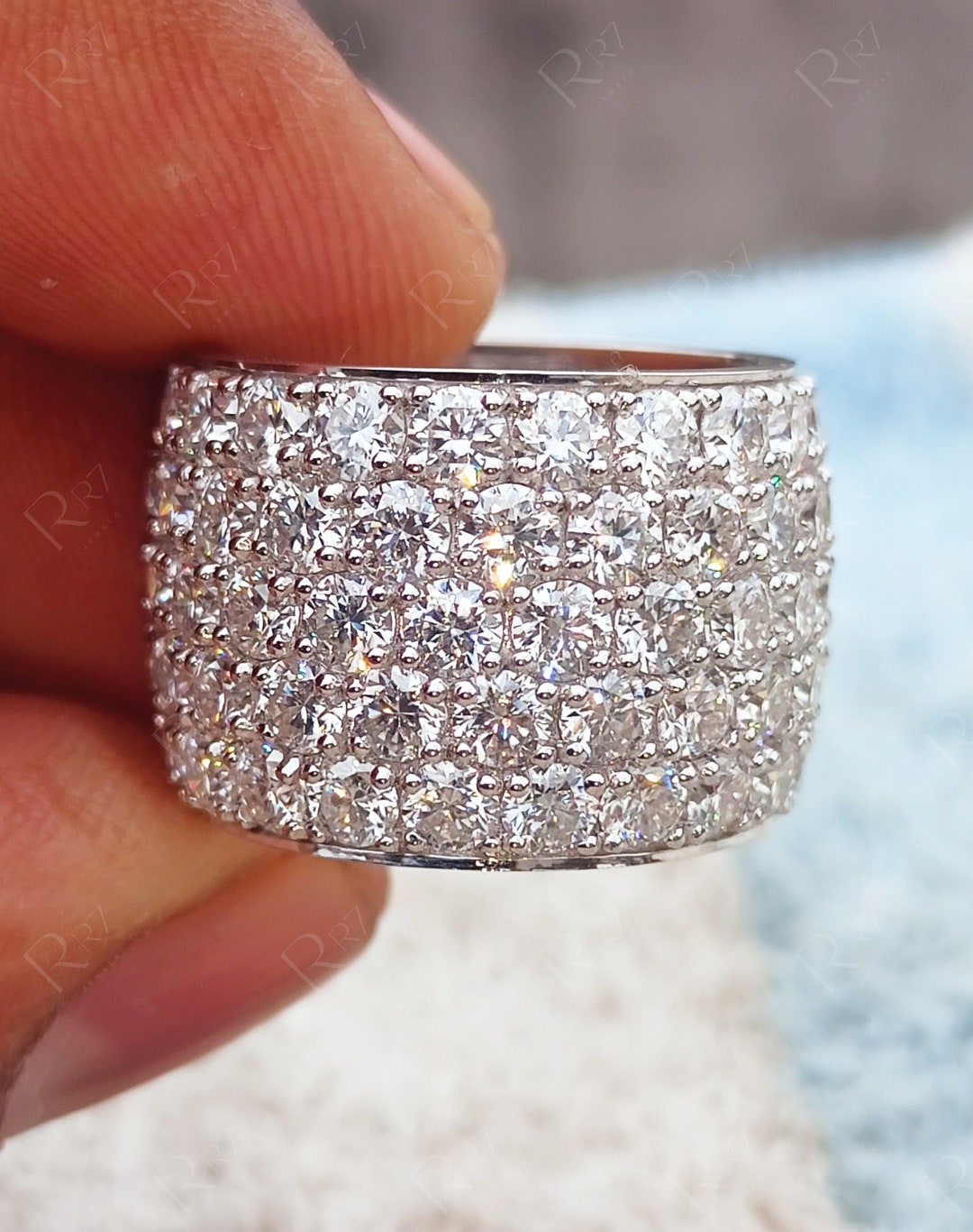 5 Row Round Moissanite 15.50mm Wide Band Rings for Women, 925 Silver ...