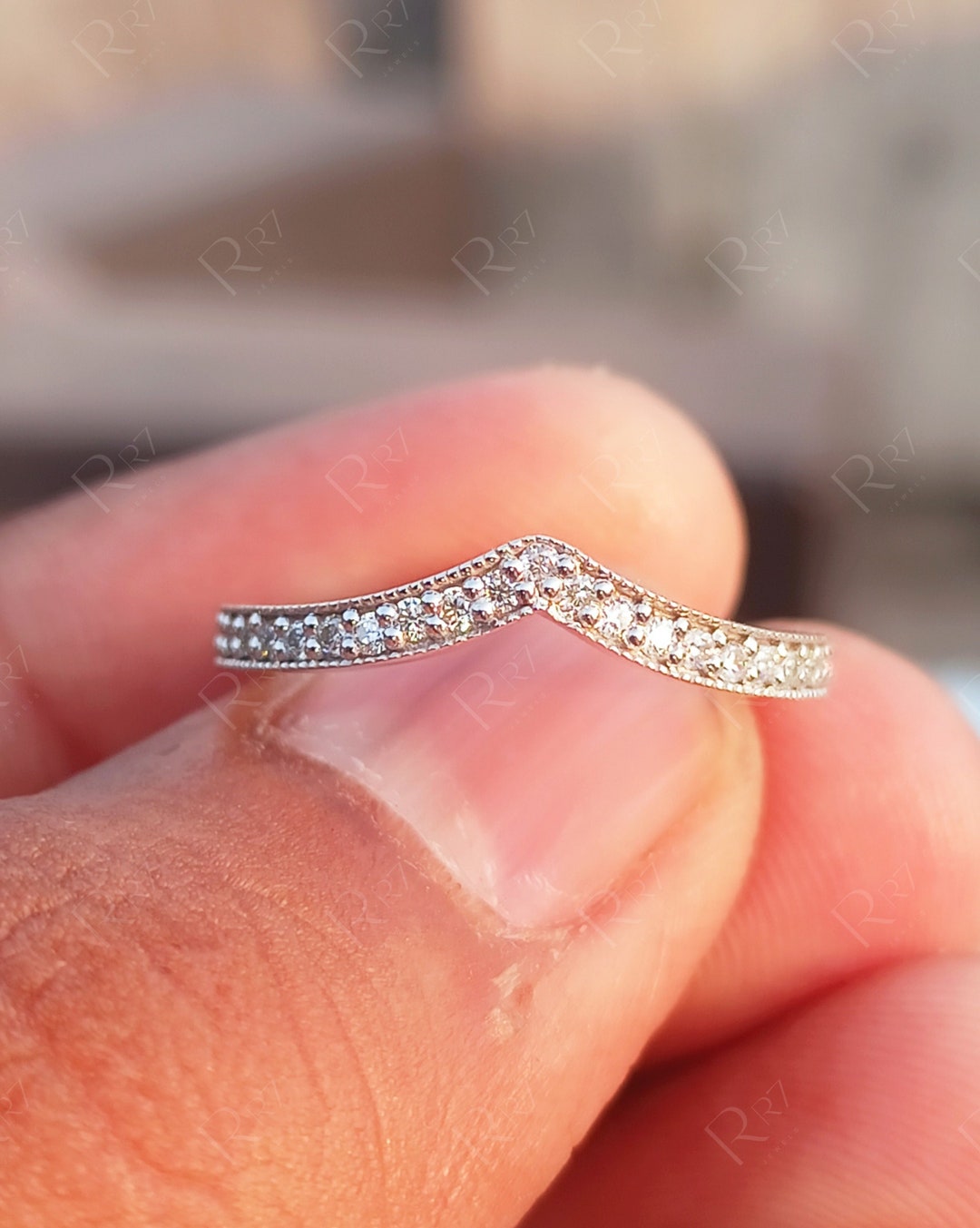 V Shaped Curve Stackable Rings for Women, Vintage Milgrain Wedding Band ...