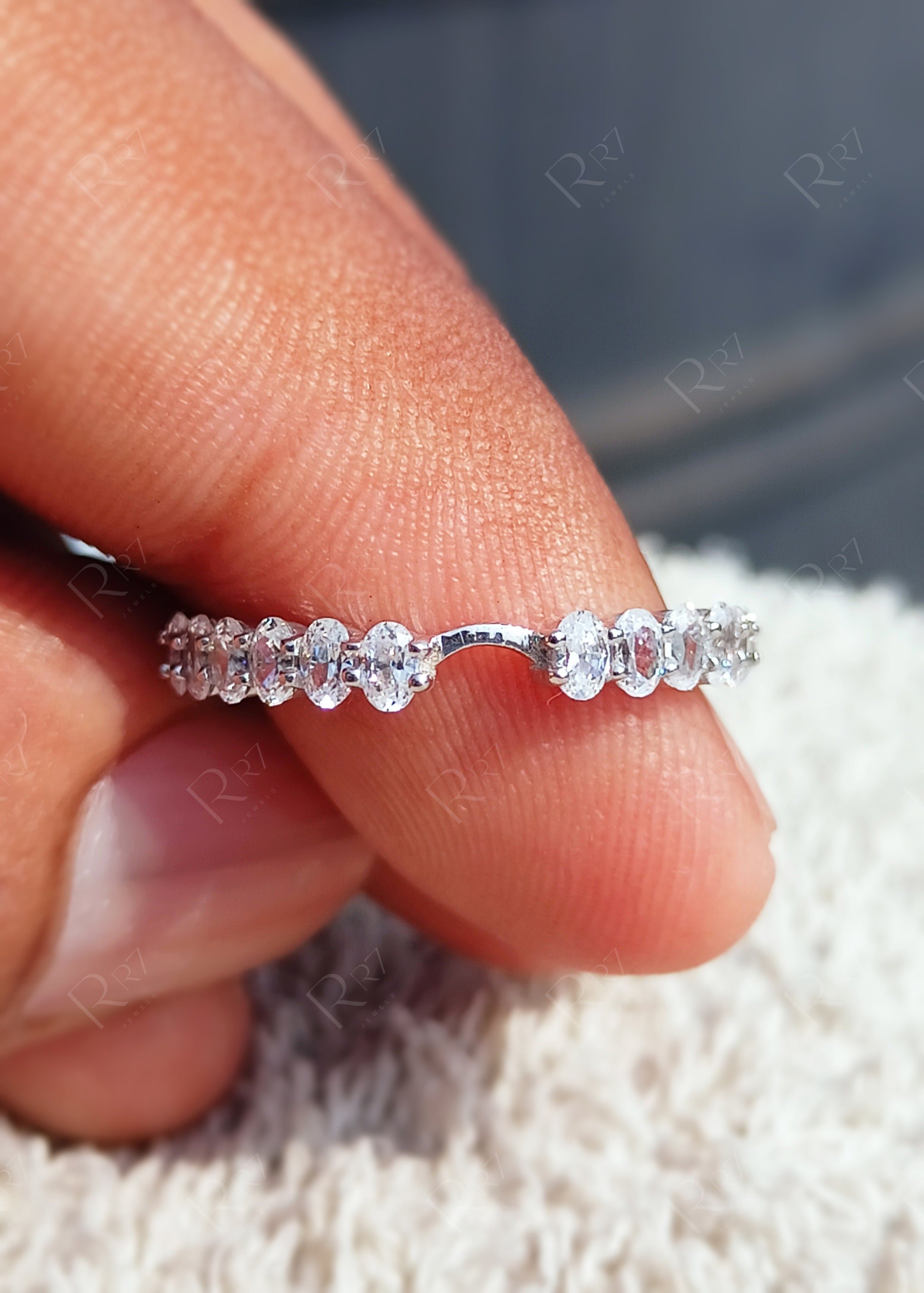 Oval Cut Moissanite Notched Wedding Bands Women Half Eternity Notch ...