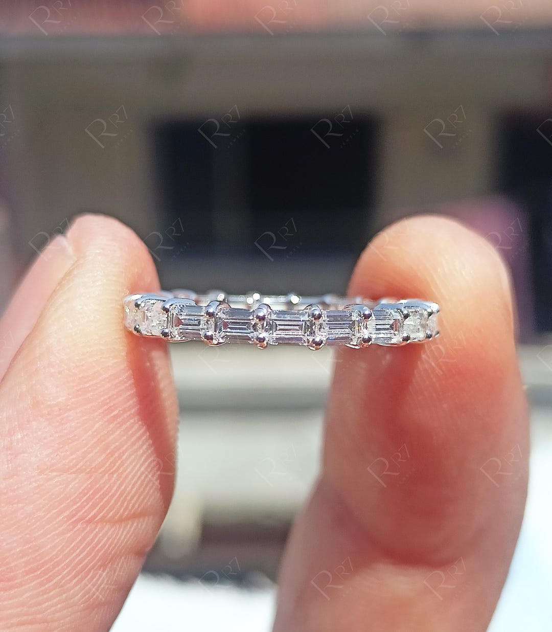 Sideways Emerald Cut Moissanite Wedding Band, Full Eternity Wedding ...