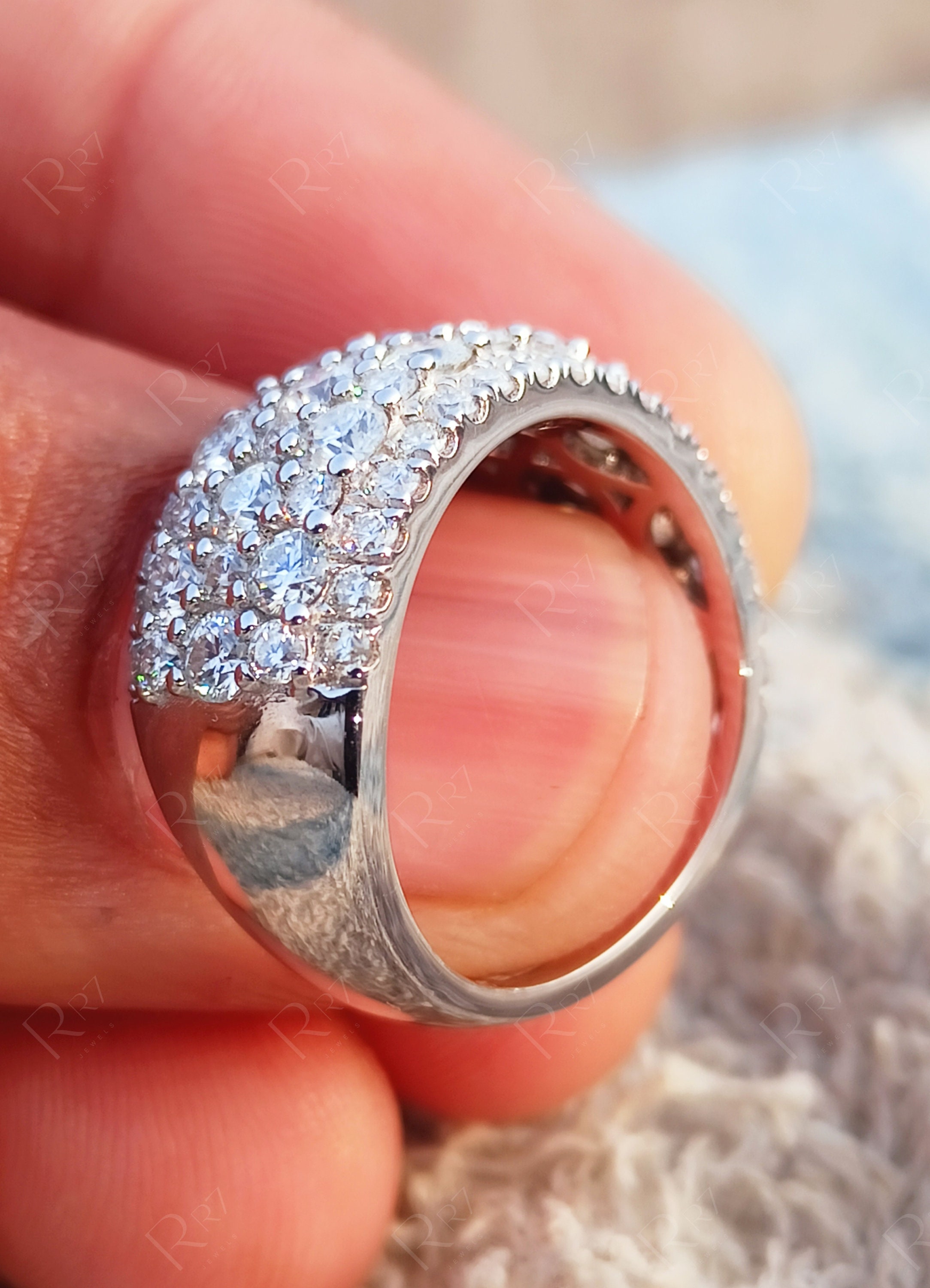 Round Moissanite Cluster Wide Band Rings for Women, Unique Thick ...