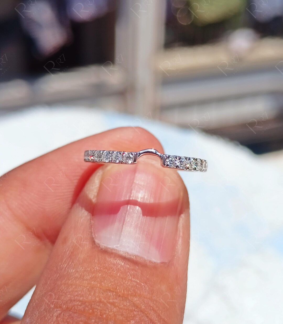 2mm White Gold Stackable Notched Wedding Band, Moissanite Pave Eternity ...