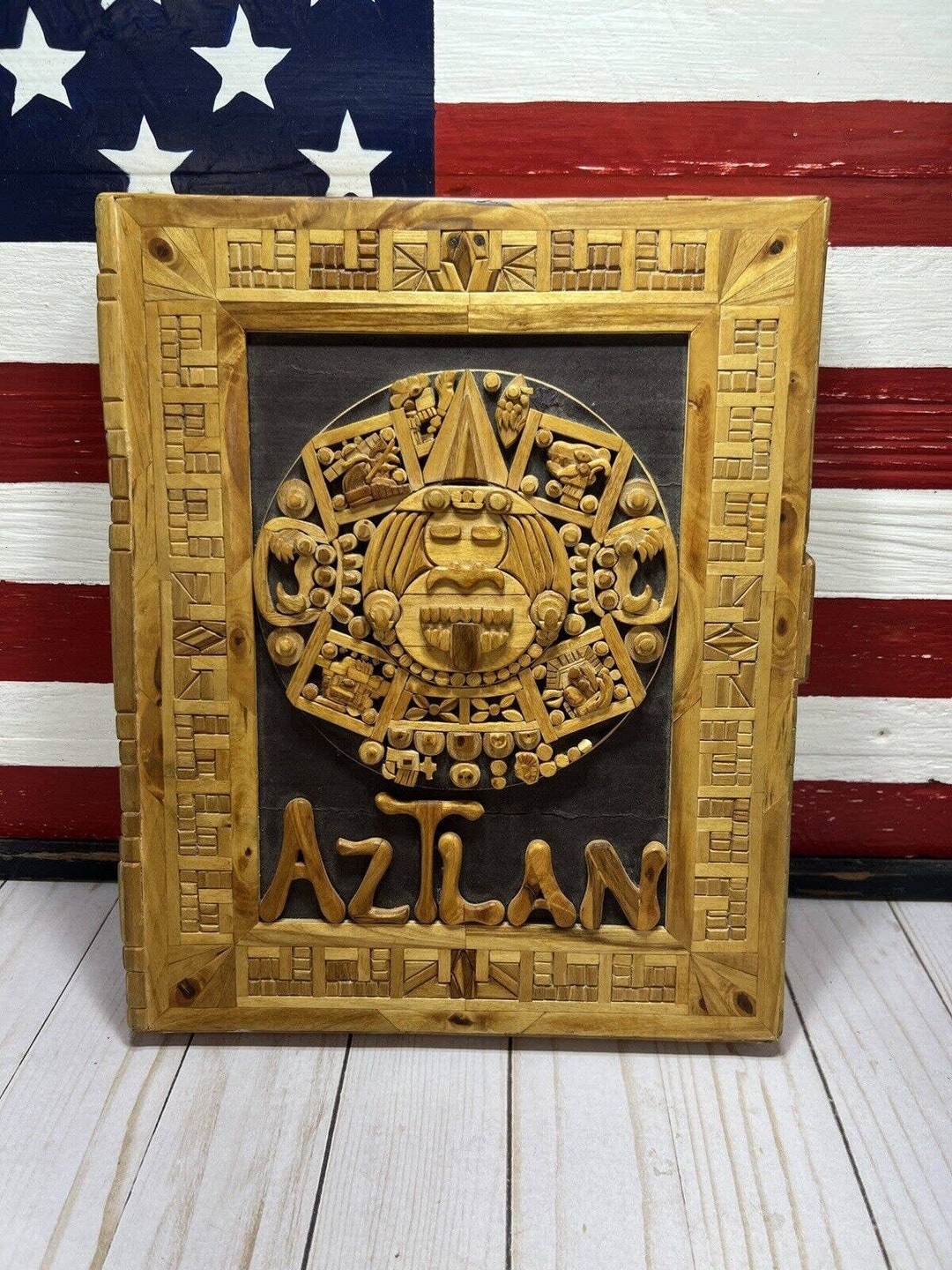 Mexican Wooden Inlay Carved Wall Art Handmade Aztec Aztlan Custom ...