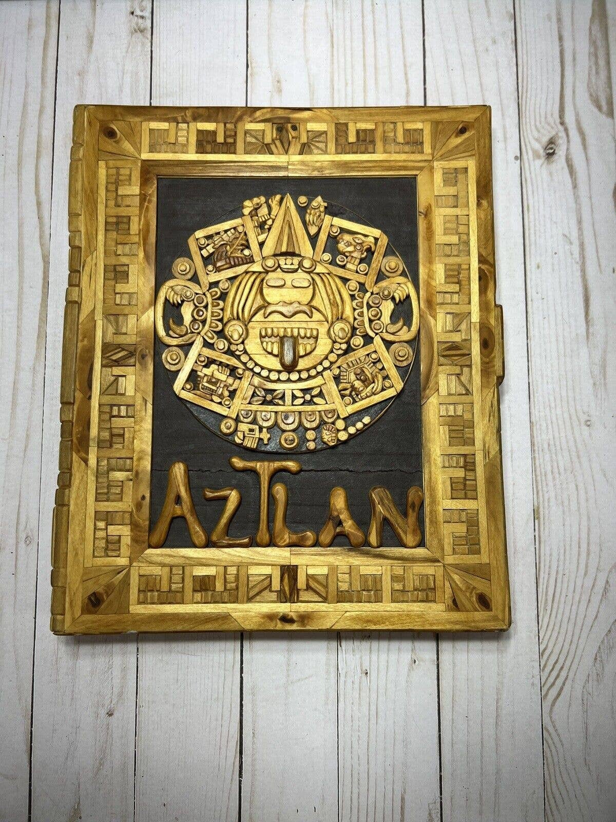 Mexican Wooden Inlay Carved Wall Art Handmade Aztec Aztlan - Etsy