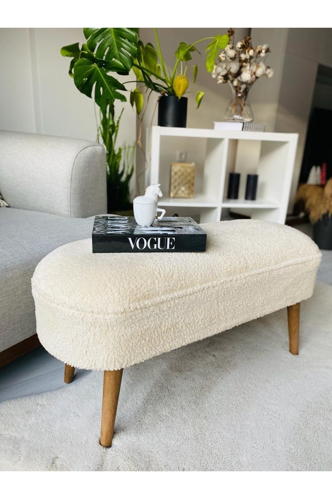 Oval Bench Pouf in Teddy Fabric With Wooden Legs and Ample - Etsy