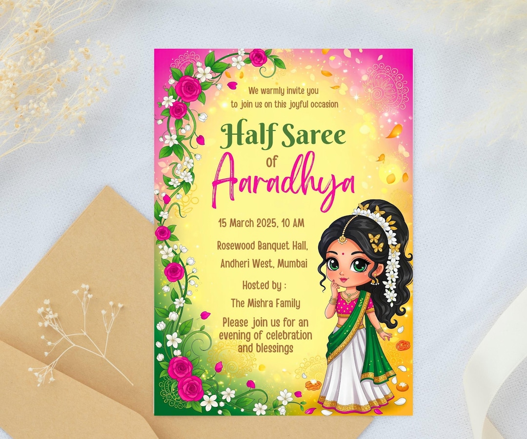 Half Saree Ceremony Invitation, Langa Voni Invite, Cute Girl Cartoon ...