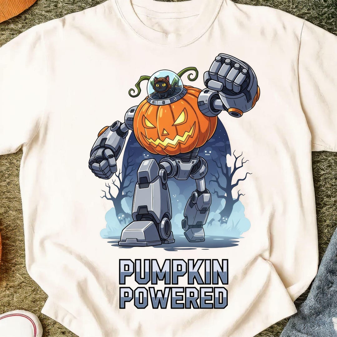 Pumpkin Powered Robot Halloween Kids Tshirt, Cool Mech Suit Graphic for ...