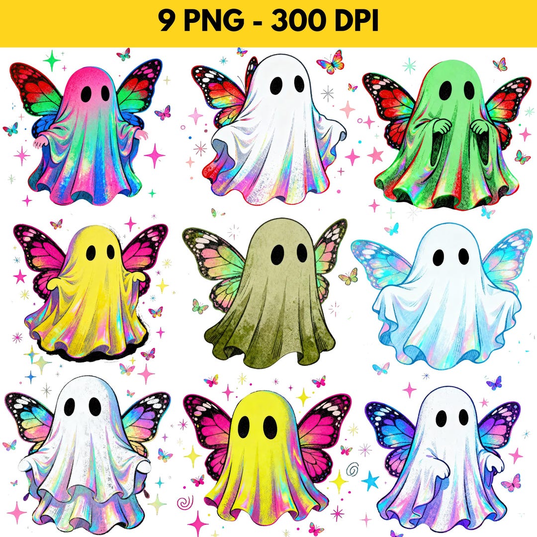Neon Halloween Ghost PNG Bundle: Fairy Wings, Butterfly Art (digital ...