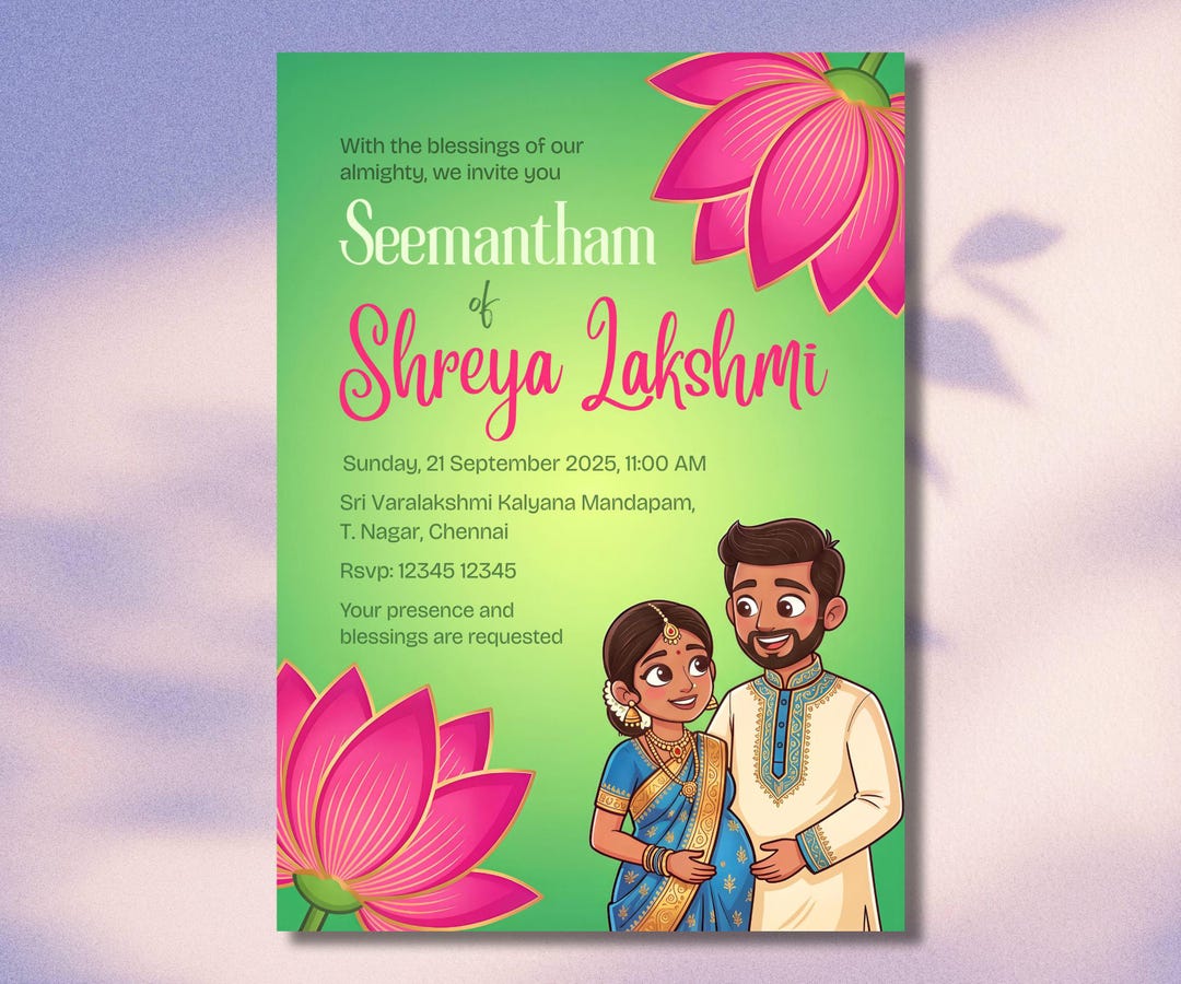 Seemantham Invitation, Green Lotus Theme, South Indian Baby Shower ...