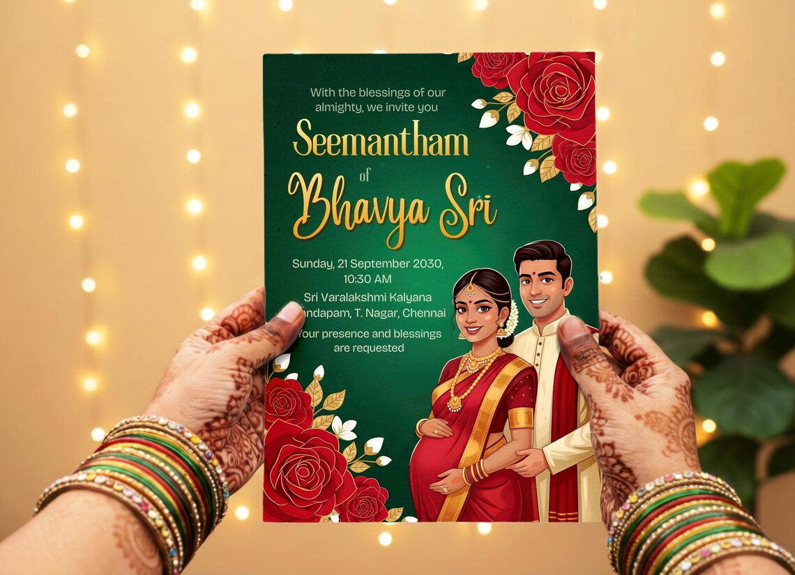 Seemantham Invitation, Green Red Rose Theme, South Indian Baby Shower ...